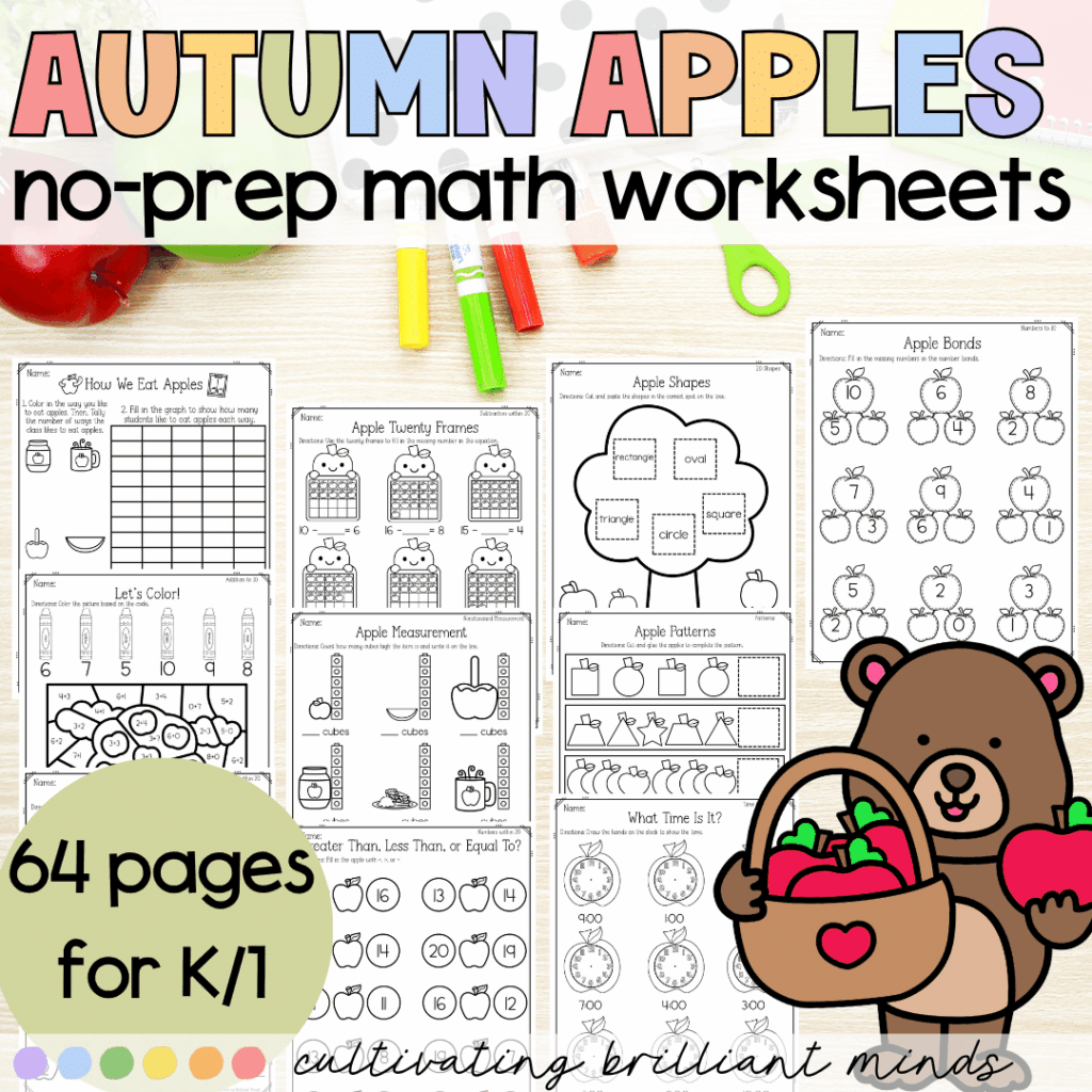 Autumn Fall Apples No Prep Math Worksheets Kindergarten First Grade ...