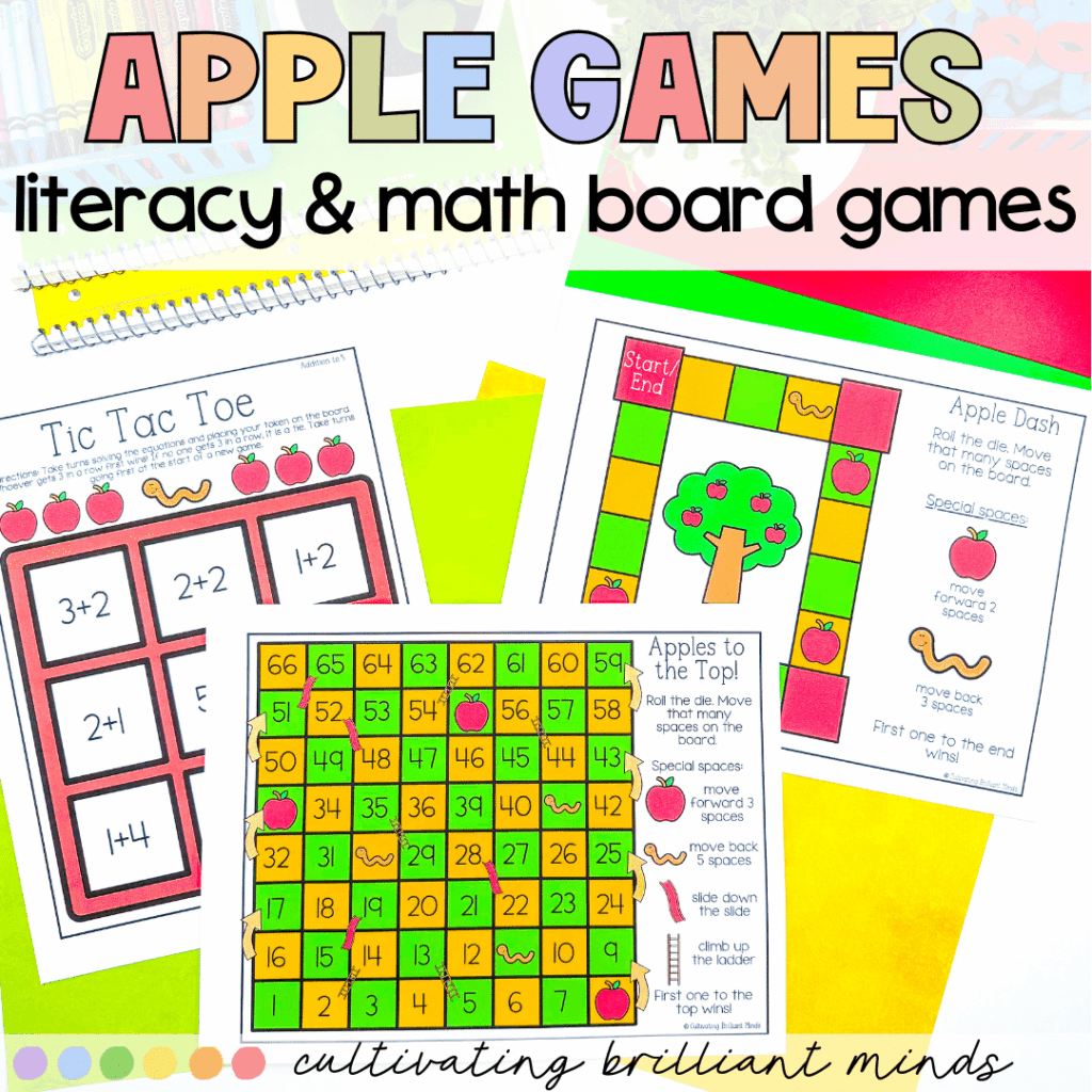 Printable Autumn Apples Board Games Math & Literacy Games Kindergarten ...