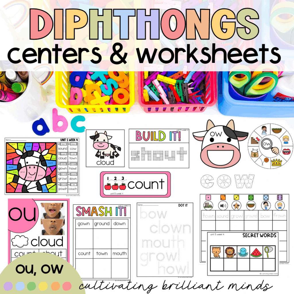 Diphthongs OU OW Phonics Centers & Worksheets | Phonics Activities ...