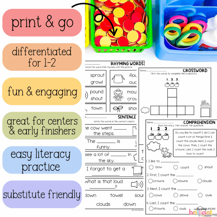 Diphthongs OW and OU Phonics Worksheets No Prep Phonics Activities ...