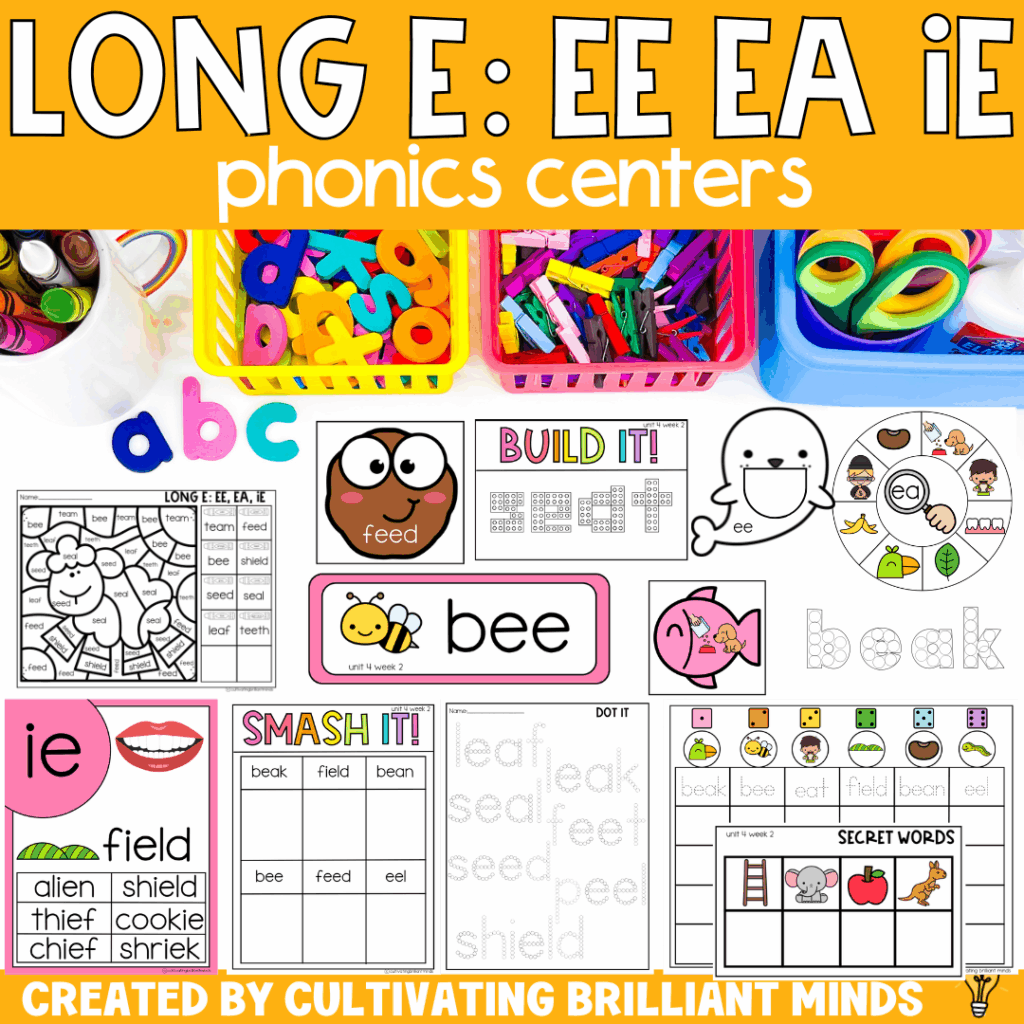 Vowel Teams Phonics Centers & Worksheets Long E: EE, EA, IE Phonics ...