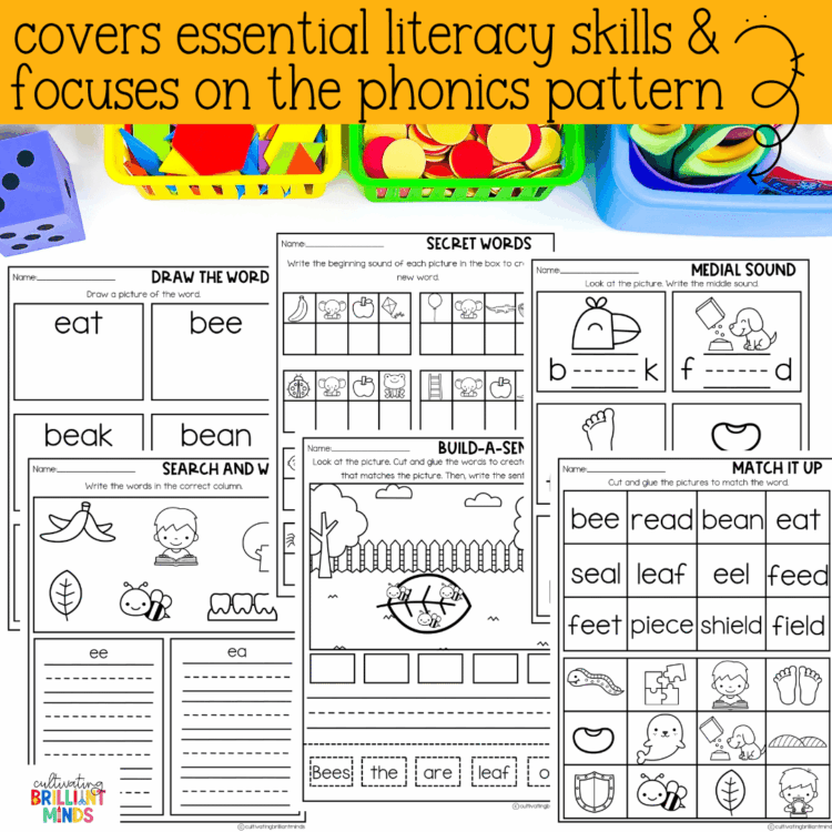 Vowel Teams Long E: EE, EA, IE Phonics Worksheets No Prep Phonics ...