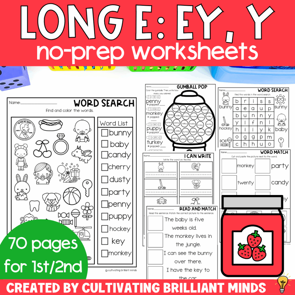 Vowel Teams Long E: EY, Y Phonics Worksheets No Prep Phonics Activities ...