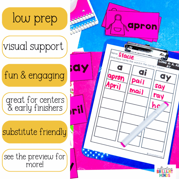 Vowel Teams Word Sort Phonics Center | Long A: A, AI, AY Phonics ...