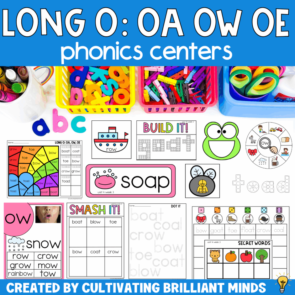 Vowel Teams Phonics Centers & Worksheets | Long O: OA, OW, OE Phonics ...