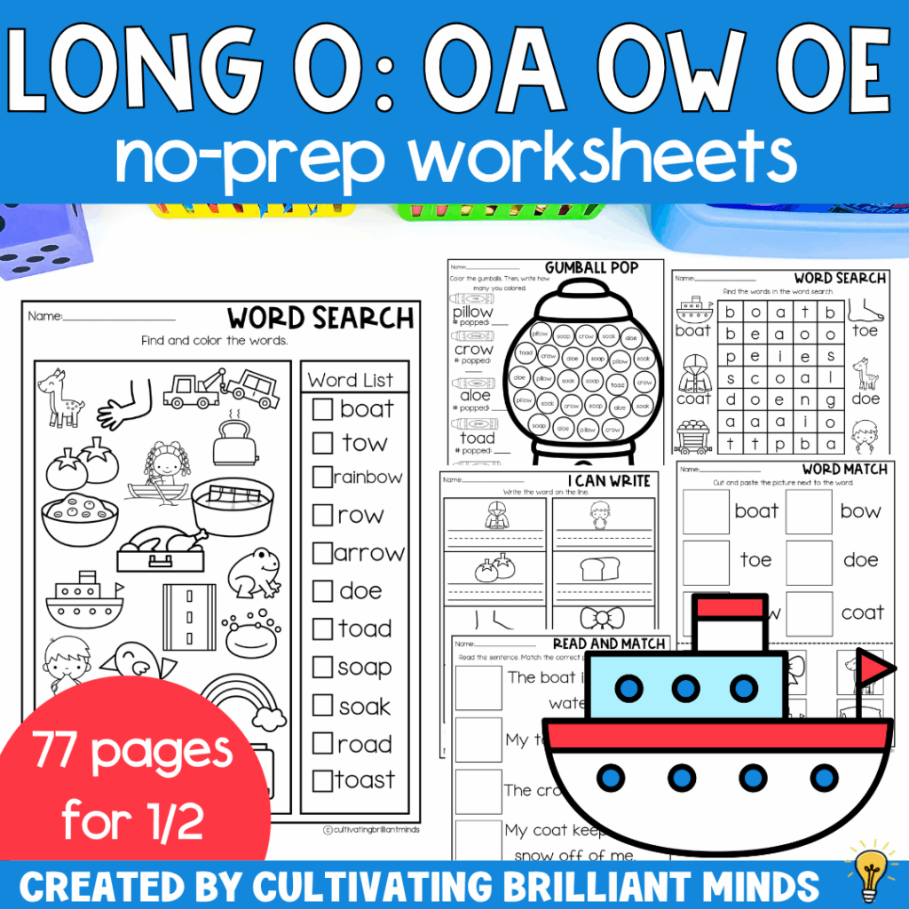 Vowel Teams Long O: OA OW OE Phonics Worksheets No Prep Phonics ...