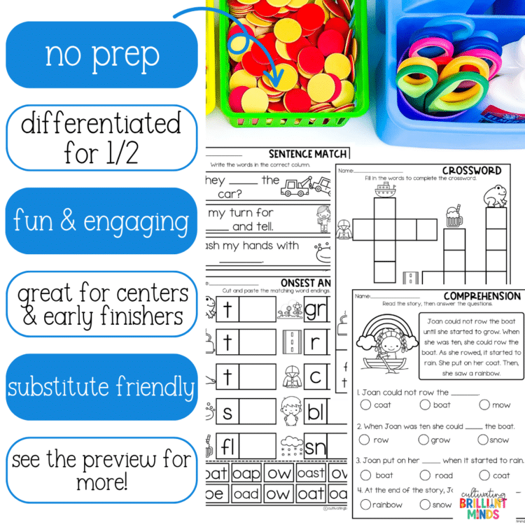 Vowel Teams Long O: OA OW OE Phonics Worksheets No Prep Phonics ...