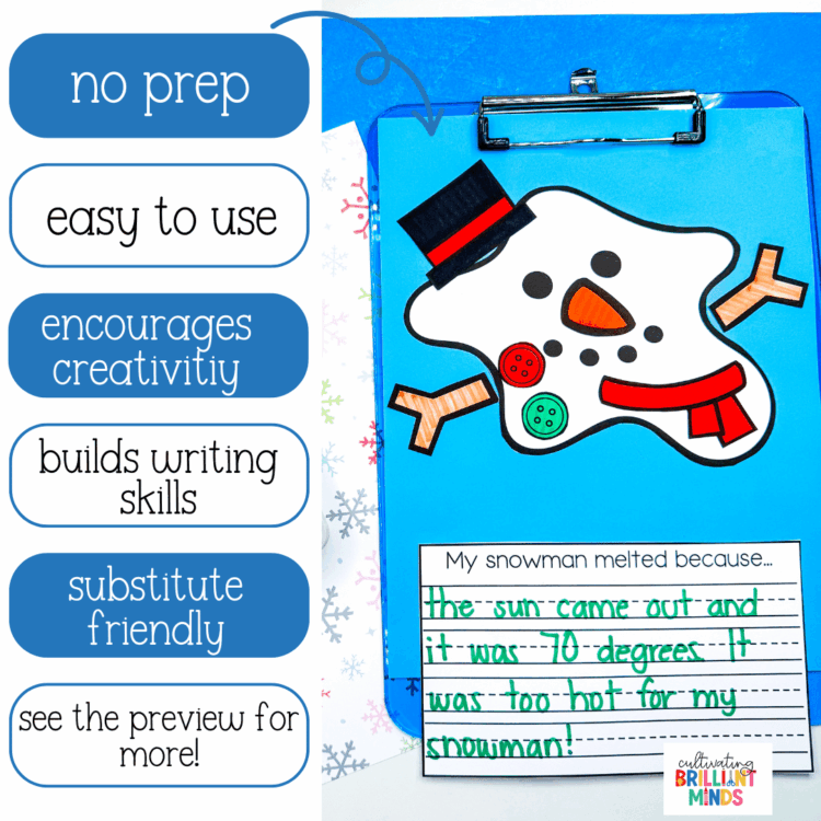 Winter Melted Snowman Craft | Bulletin Board Winter Activity Writing ...