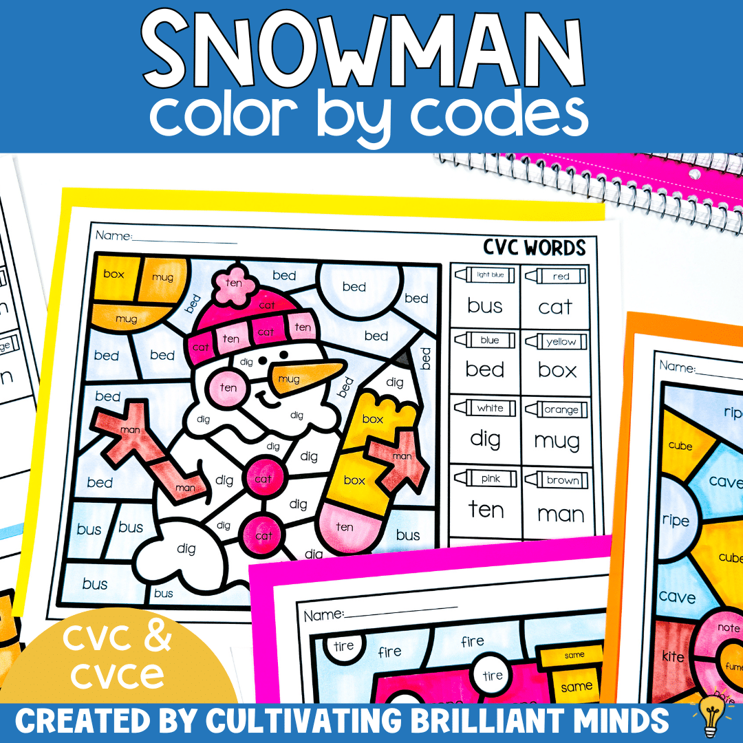 Snowman Color by Codes | Color by Number | Winter | CVC Words | CVCe ...