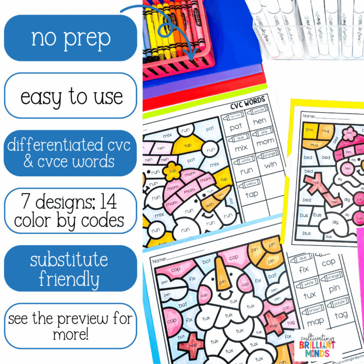 Snowman Color by Codes | Color by Number | Winter | CVC Words | CVCe ...