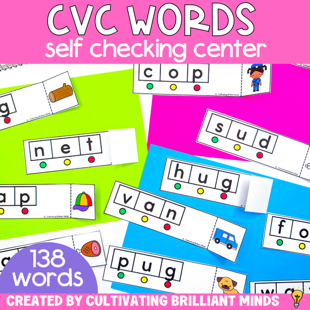 CVC Words Phonics Strips | Literacy Center | Self-Checking | Science of ...