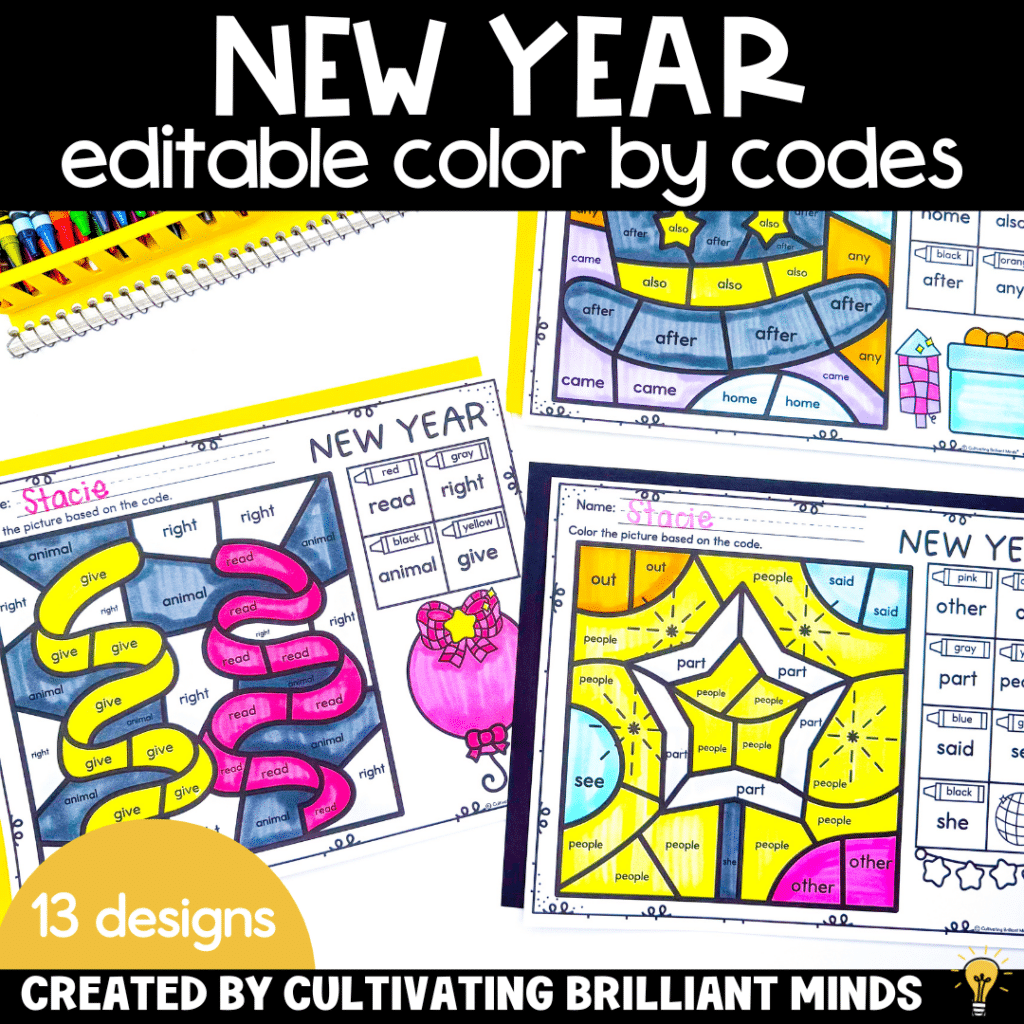 Editable New Year’s Color by Codes | Sight Word Practice | Morning Work ...