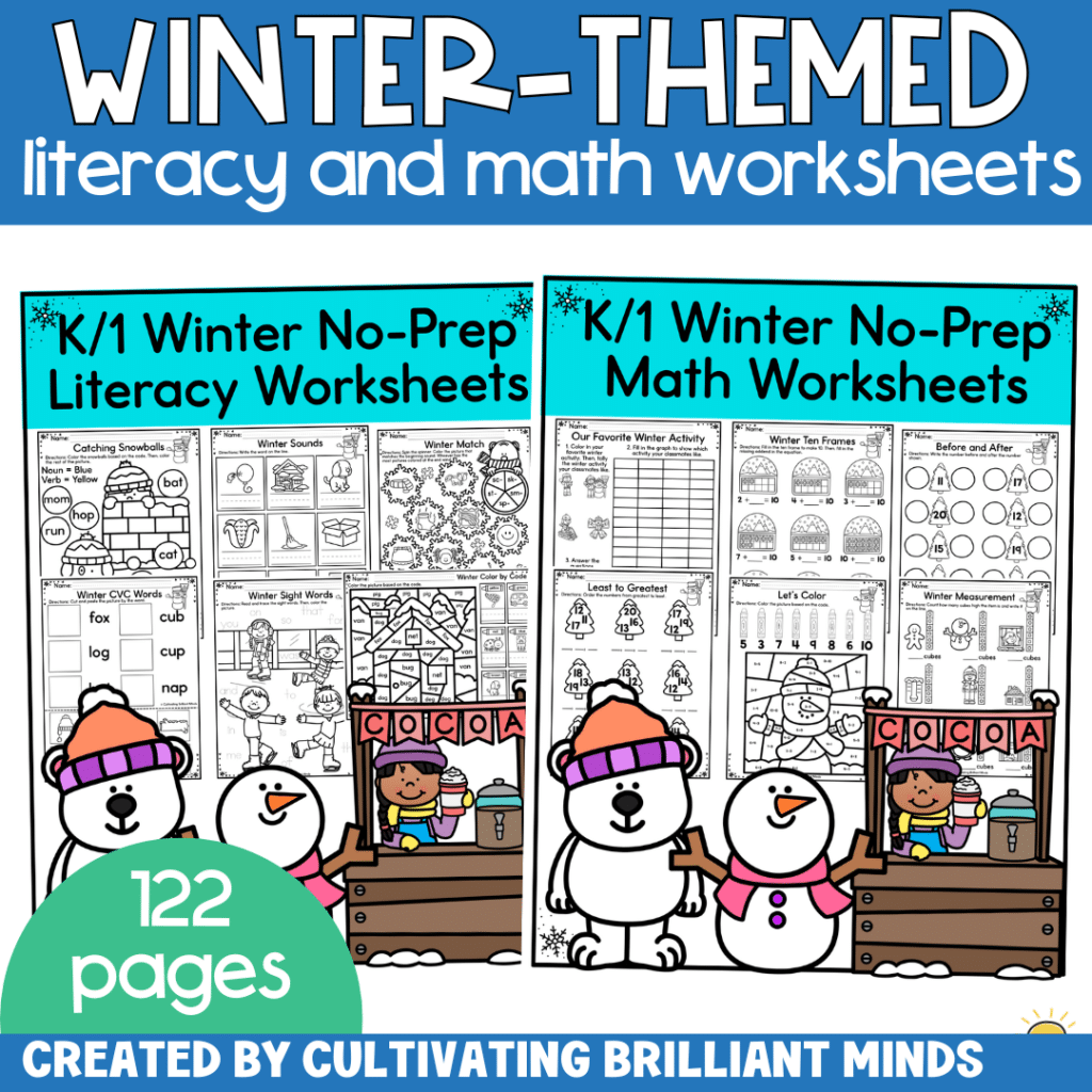Winter No Prep Literacy & Math Worksheets | Morning Work Kindergarten ...
