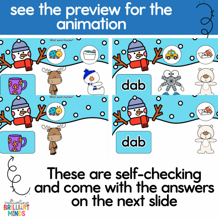 Animated Winter Phonics Exercise Game Rhyming Words, CVC Words, CVCe ...