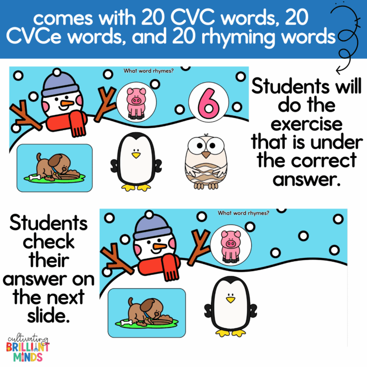 Animated Winter Phonics Exercise Game Rhyming Words, CVC Words, CVCe ...